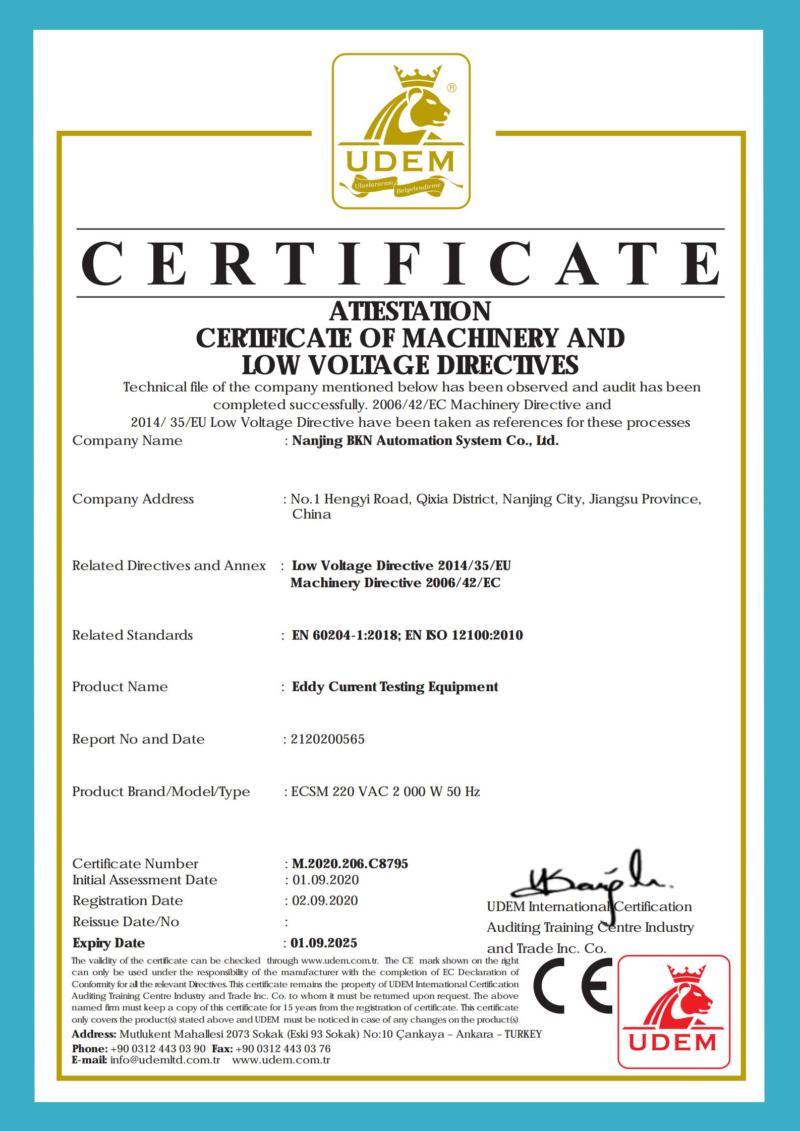 CE for EDDY CURRENT TESTING EQUIPMENT - Nanjing BKN Automation System ...